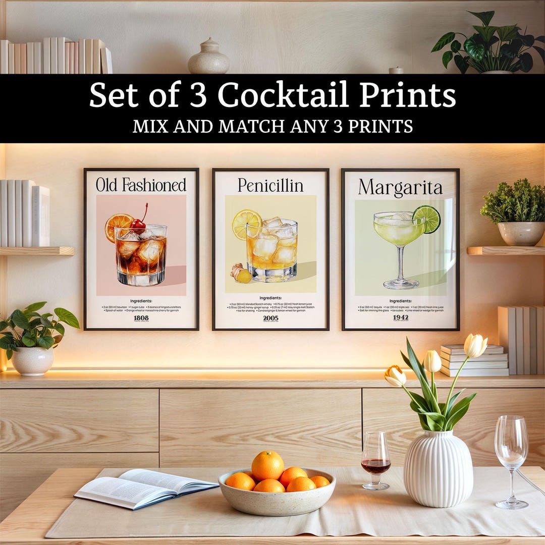 Set of 3 Vintage Cocktail Prints, Bar Cart Decor, Recipe Poster ...