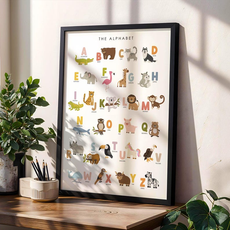 Educational Animals Alphabet Poster, ABC Nursery Wall Art for Kids ...