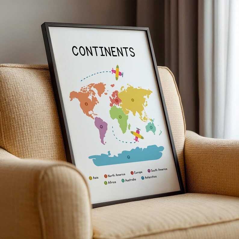 Continents Map Poster for Kids, World Map Wall Art, Montessori ...
