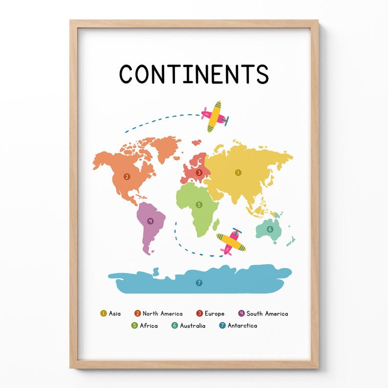 Continents Map Poster for Kids, World Map Wall Art, Montessori ...