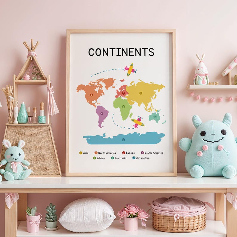 Continents Map Poster for Kids, World Map Wall Art, Montessori ...