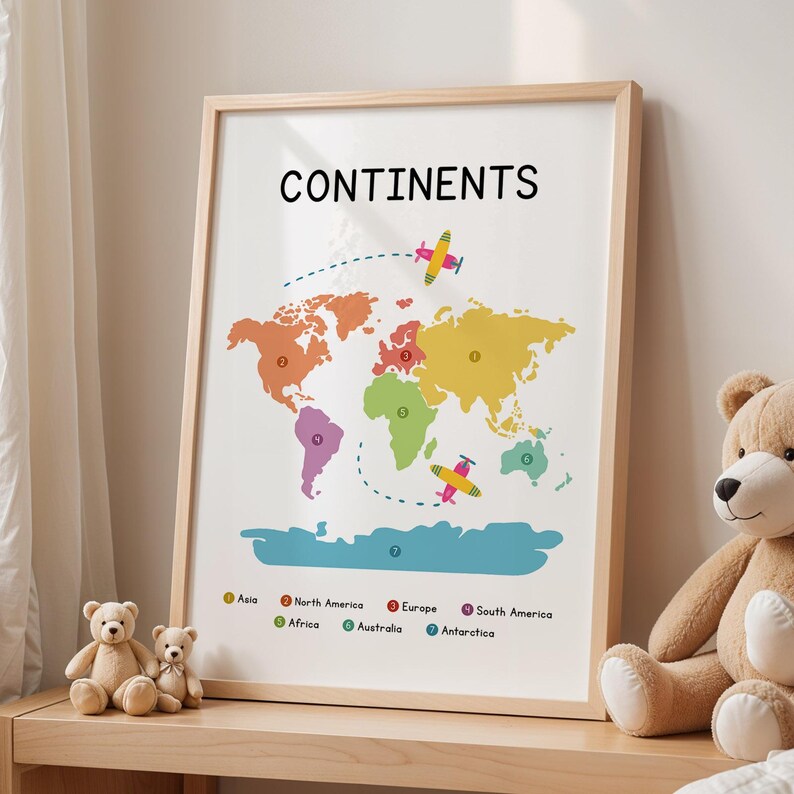 Continents Map Poster for Kids, World Map Wall Art, Montessori ...