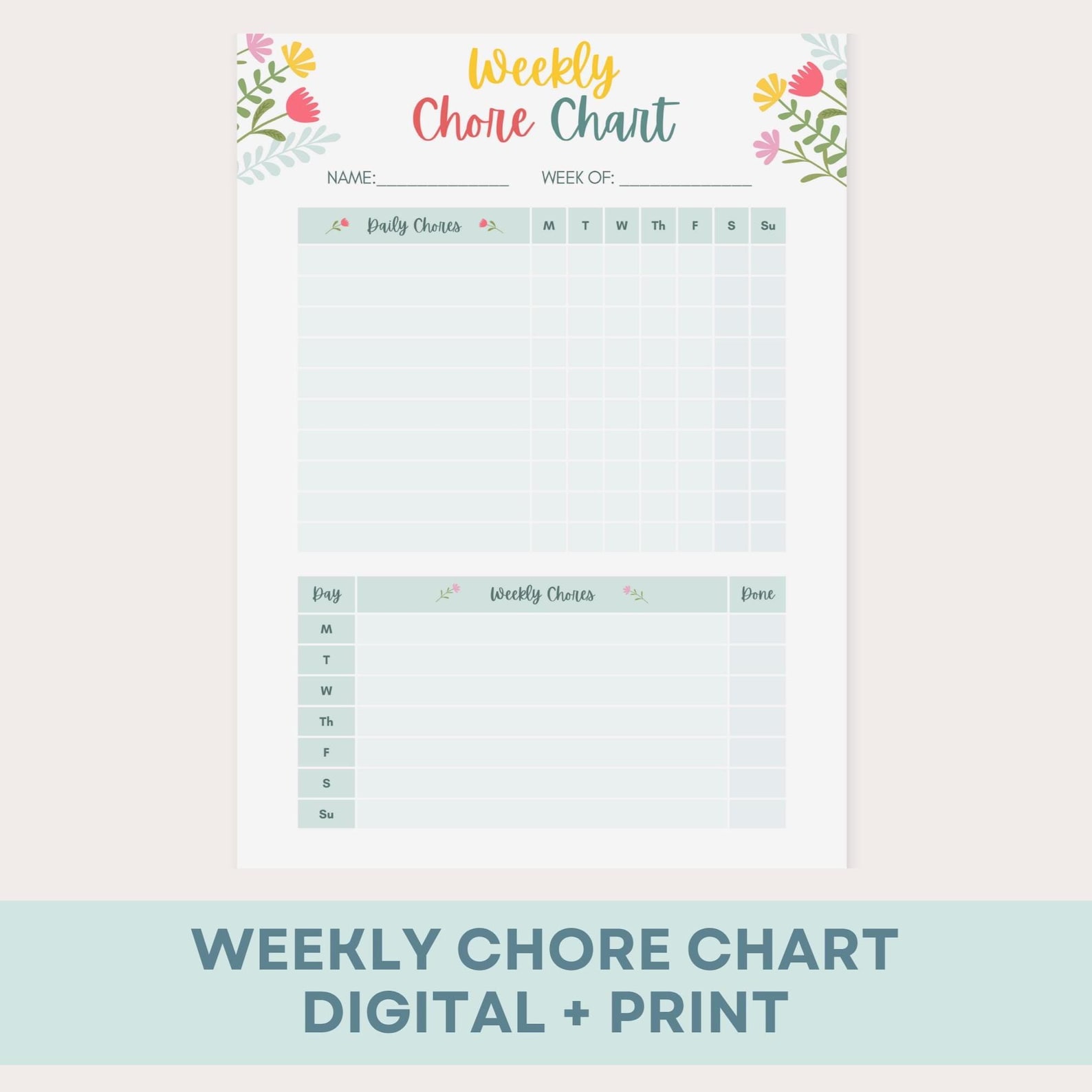 Editable Weekly Chore Chart, Floral Daily Routine Kid Checklist, Teen ...