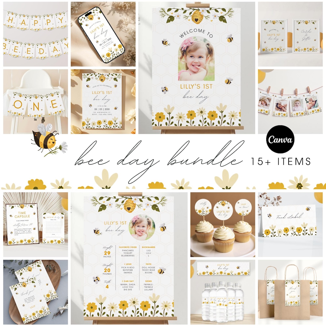 First Bee Day Birthday Bundle | Editable Bee-themed Printable Party Kit ...