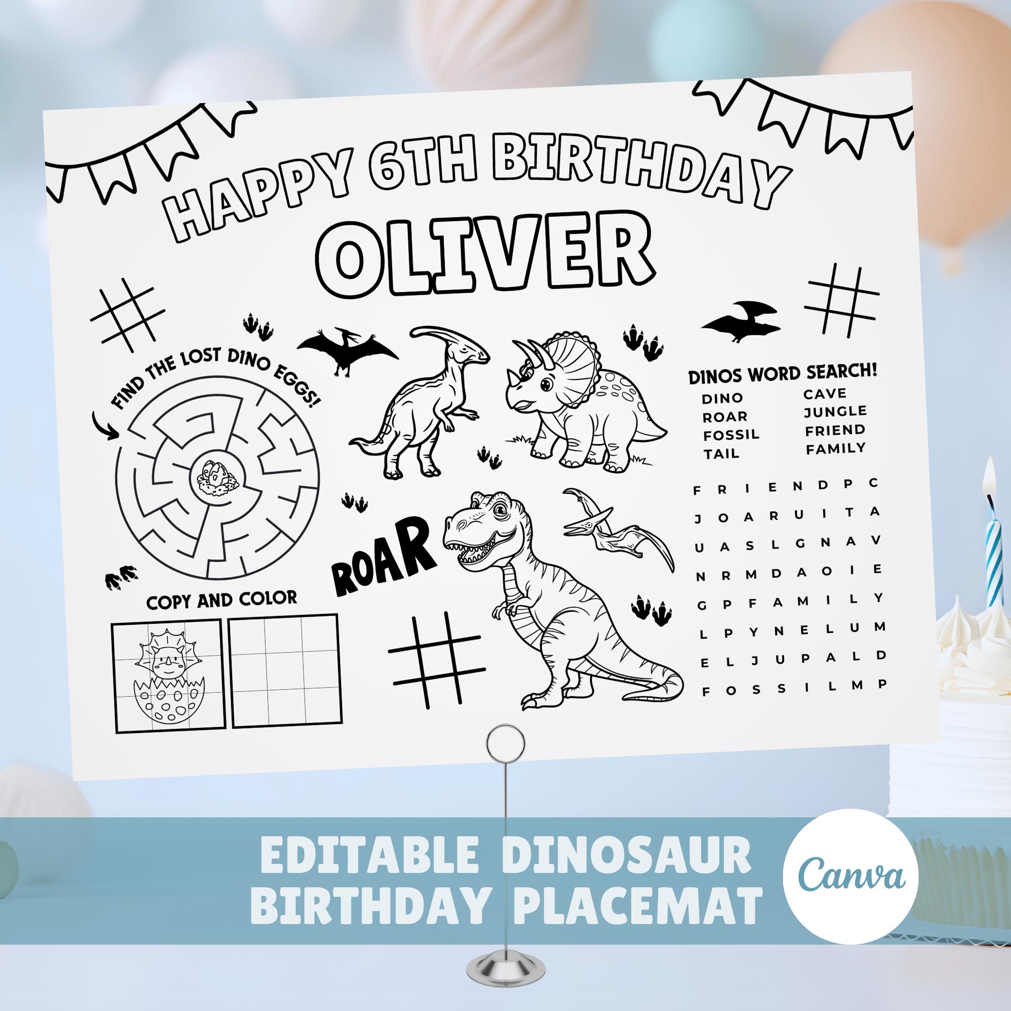 Editable Dinosaur Birthday Activity Placemat: Kids' Coloring Sheet ...
