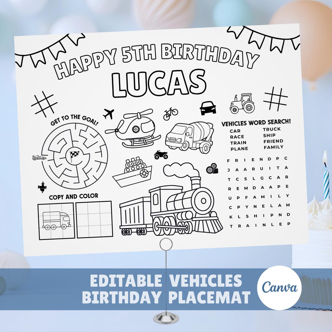 Editable Vehicle Birthday Activity Placemat for Kids · Maze & Word ...