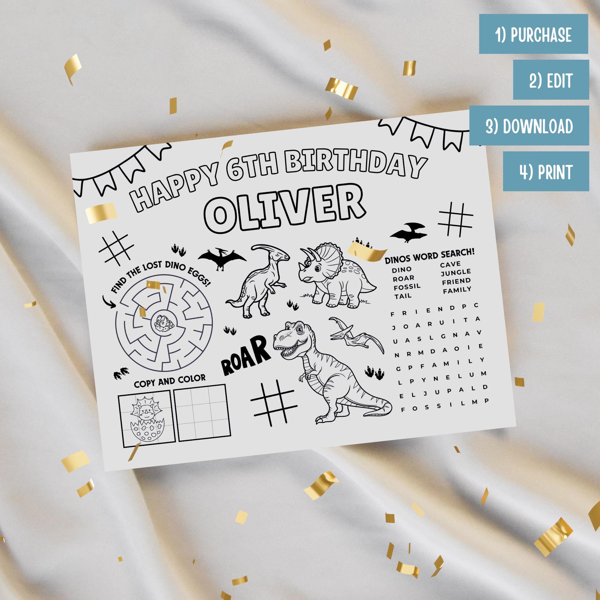 Editable Dinosaur Birthday Activity Placemat: Kids' Coloring Sheet ...