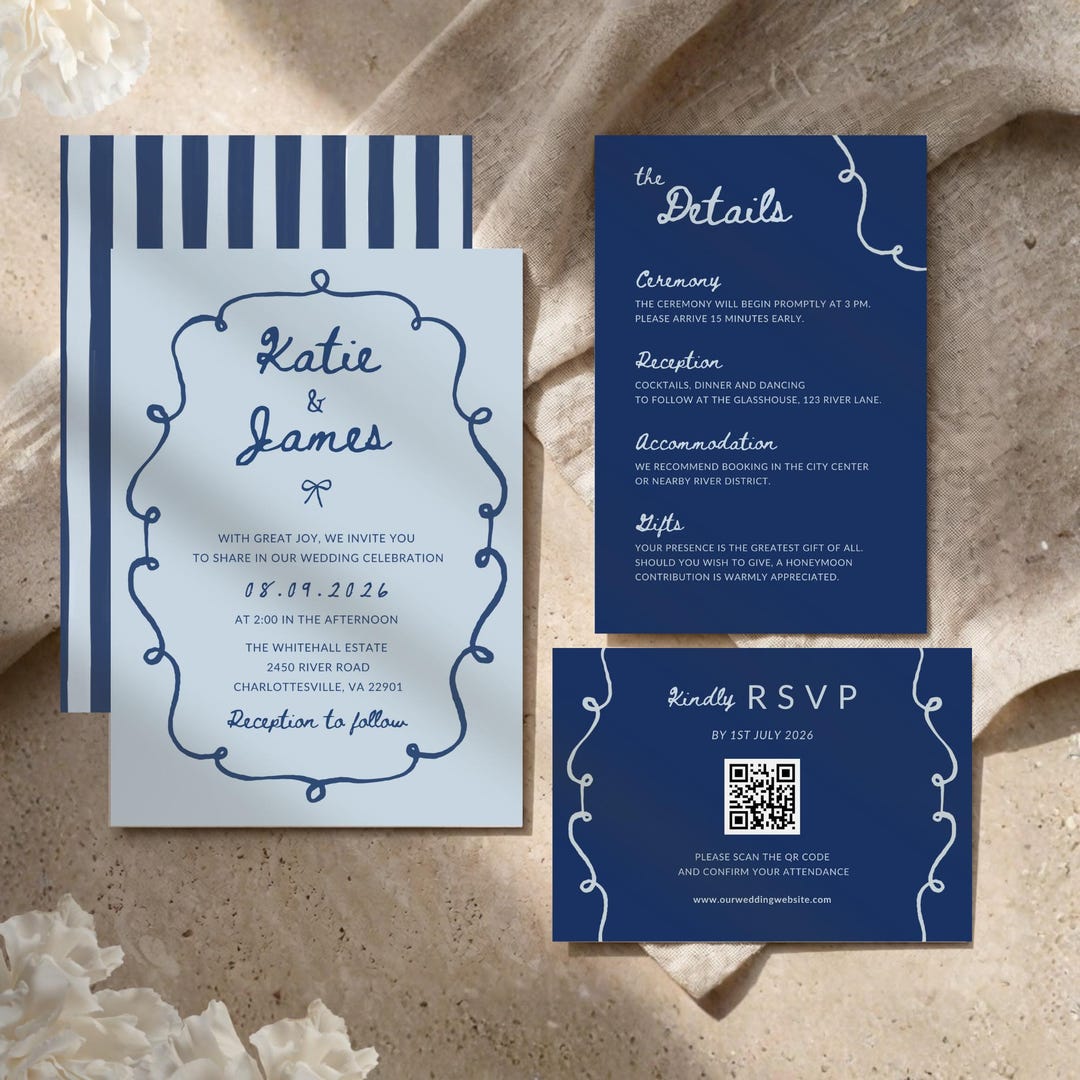 Wedding Invitation Suite in Navy Blue · Modern Monochrome Invite Set ...