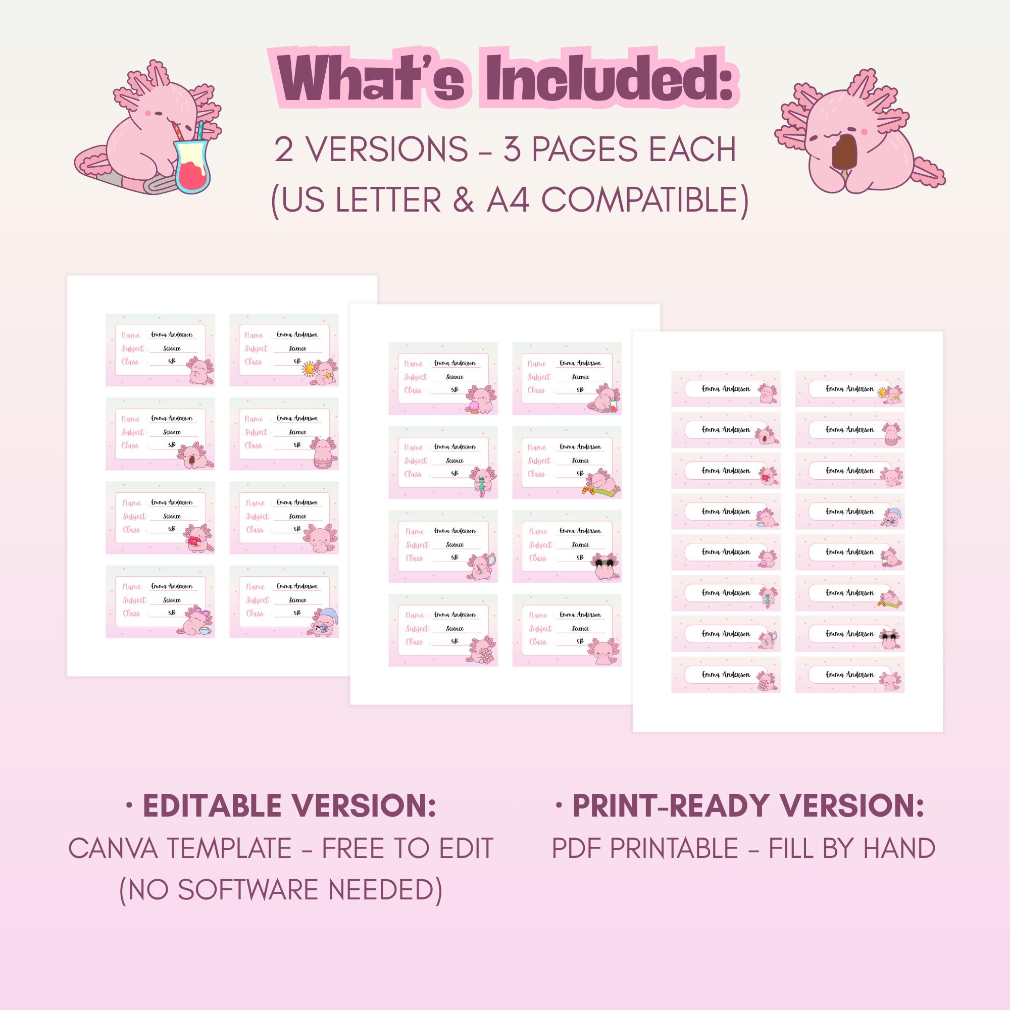 Editable Axolotl Name Labels, Custom Composition Notebook Label ...