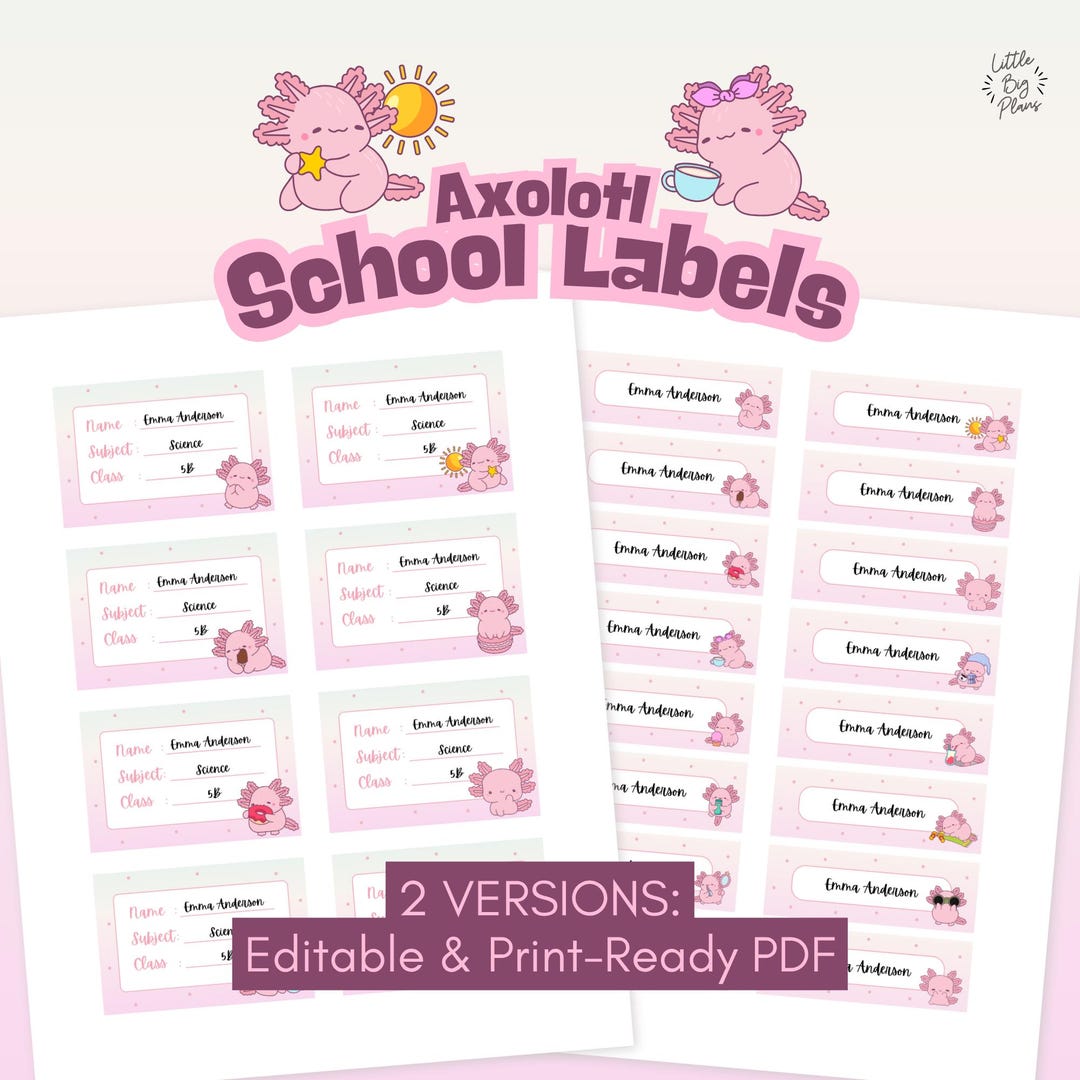 Editable Axolotl Name Labels, Custom Composition Notebook Label ...