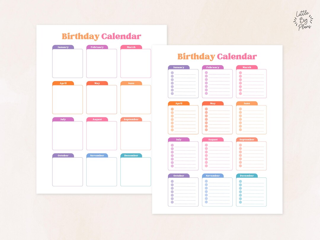 Printable & Fillable Birthday Calendar, Retro Minimalist Digital and ...