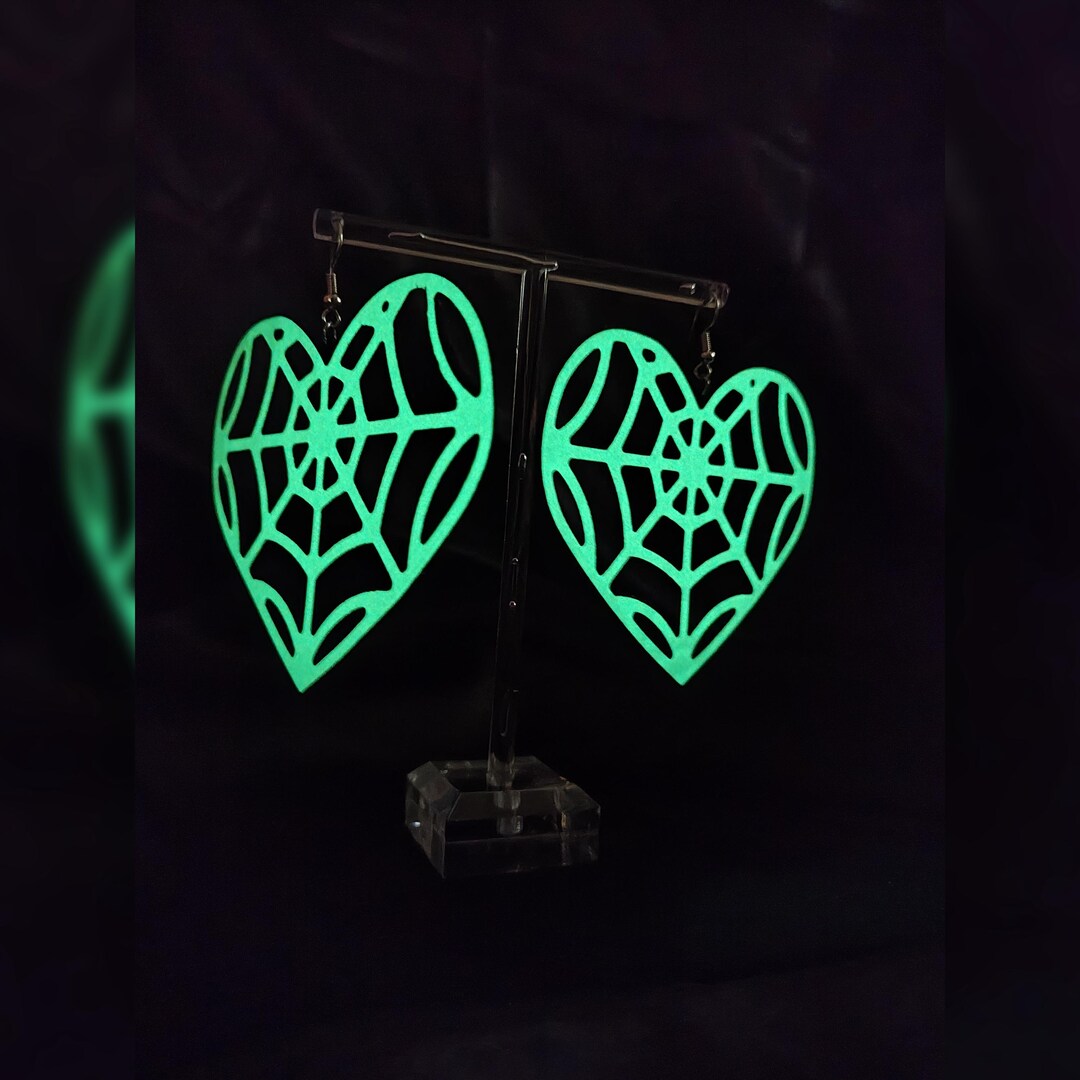 Big Spider Web Hearts Black Felt W/ Glow in the Dark Decals Dangle ...