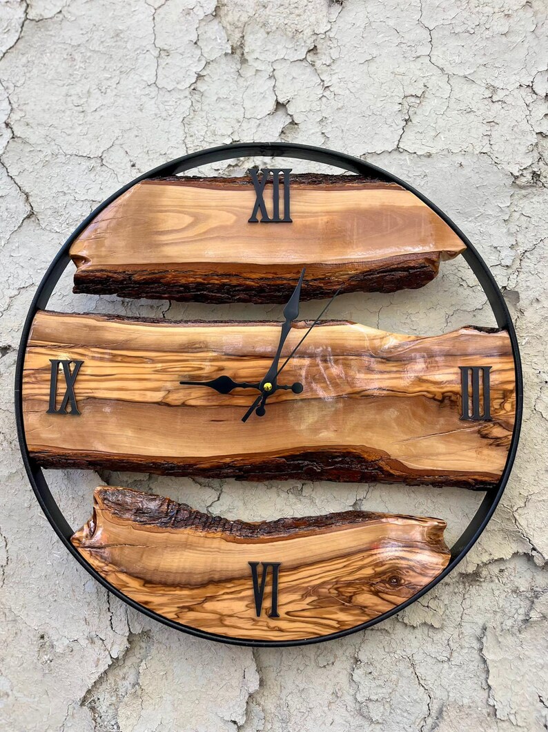 Olive Wood Wall Clock, Farmhouse Clock, Unique Wall Clock, Large Wall ...