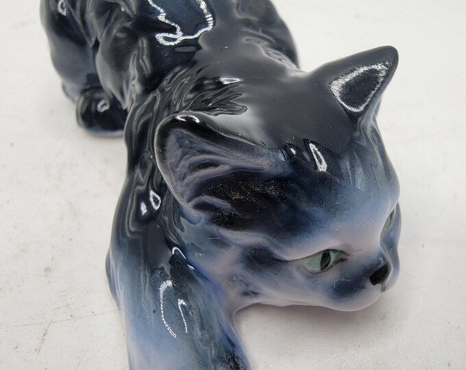 Vintage Dark Blue Kitty Cat Stretching or Pouncing - Taiwan - Etsy