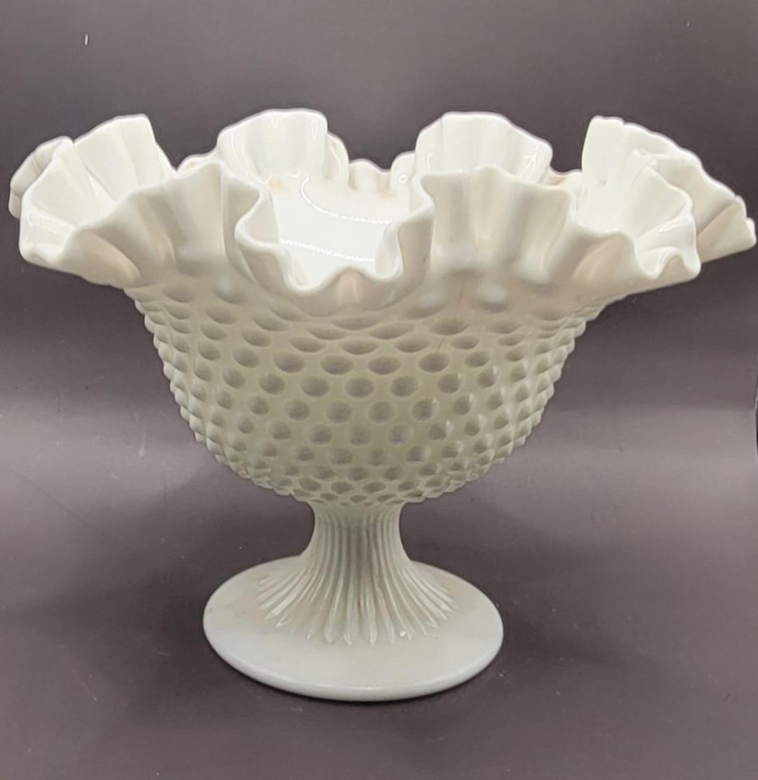 Vintage Fenton Milk Glass Hobnail Ruffled Edge Compote - 8" Around - Etsy
