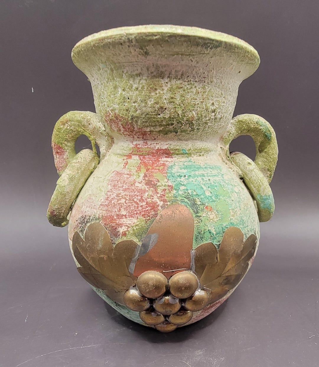 Vintage Light Green Pottery Vase With Two Handles and Copper ...