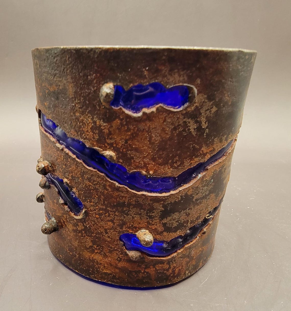 Vintage Brutalist Cobalt Blue Gold Metal Cup or Candle Holder - 5" Made ...