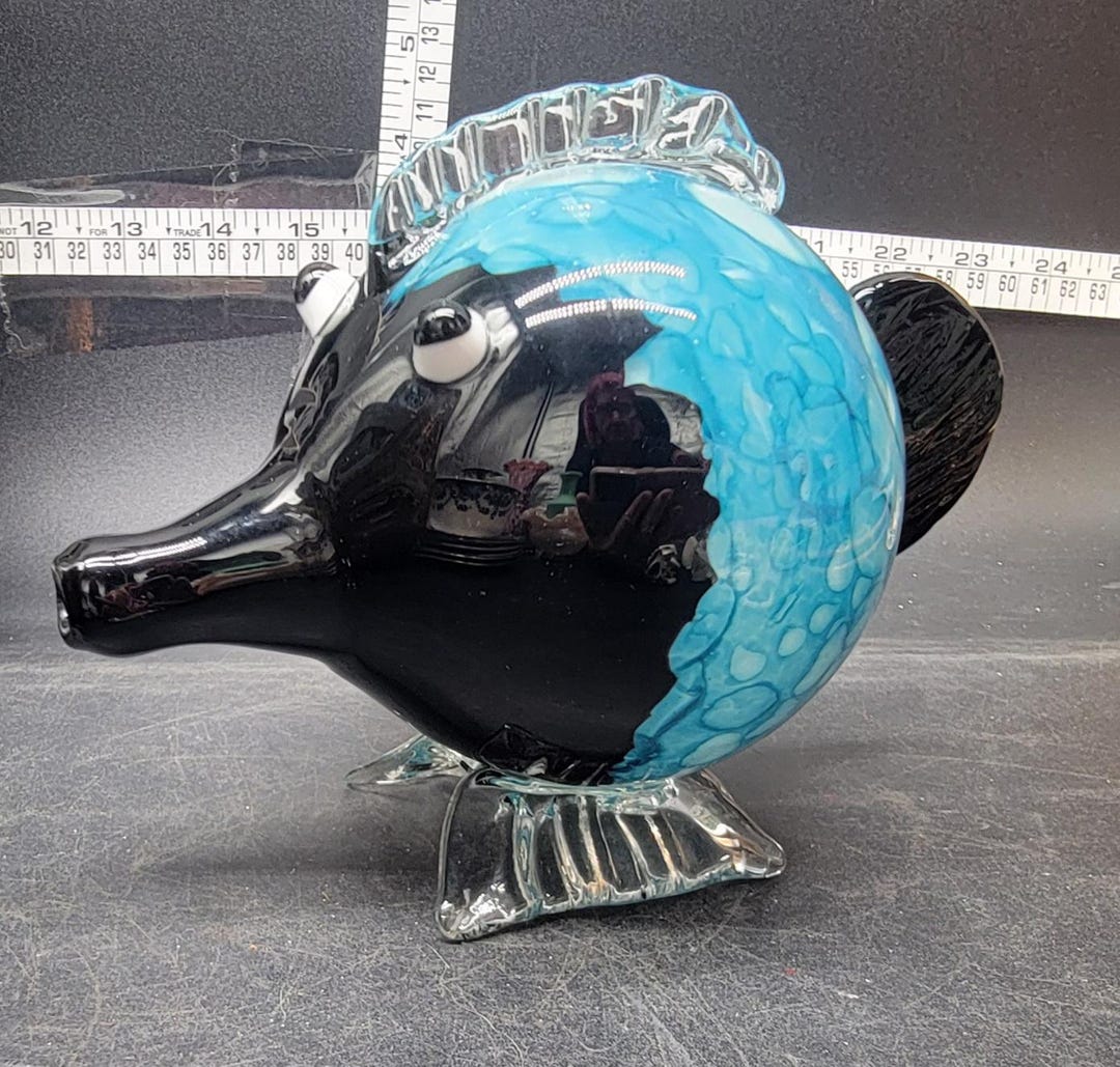Vintage Murano Style Blue and Black Puffer Fish Glass Figurine or ...