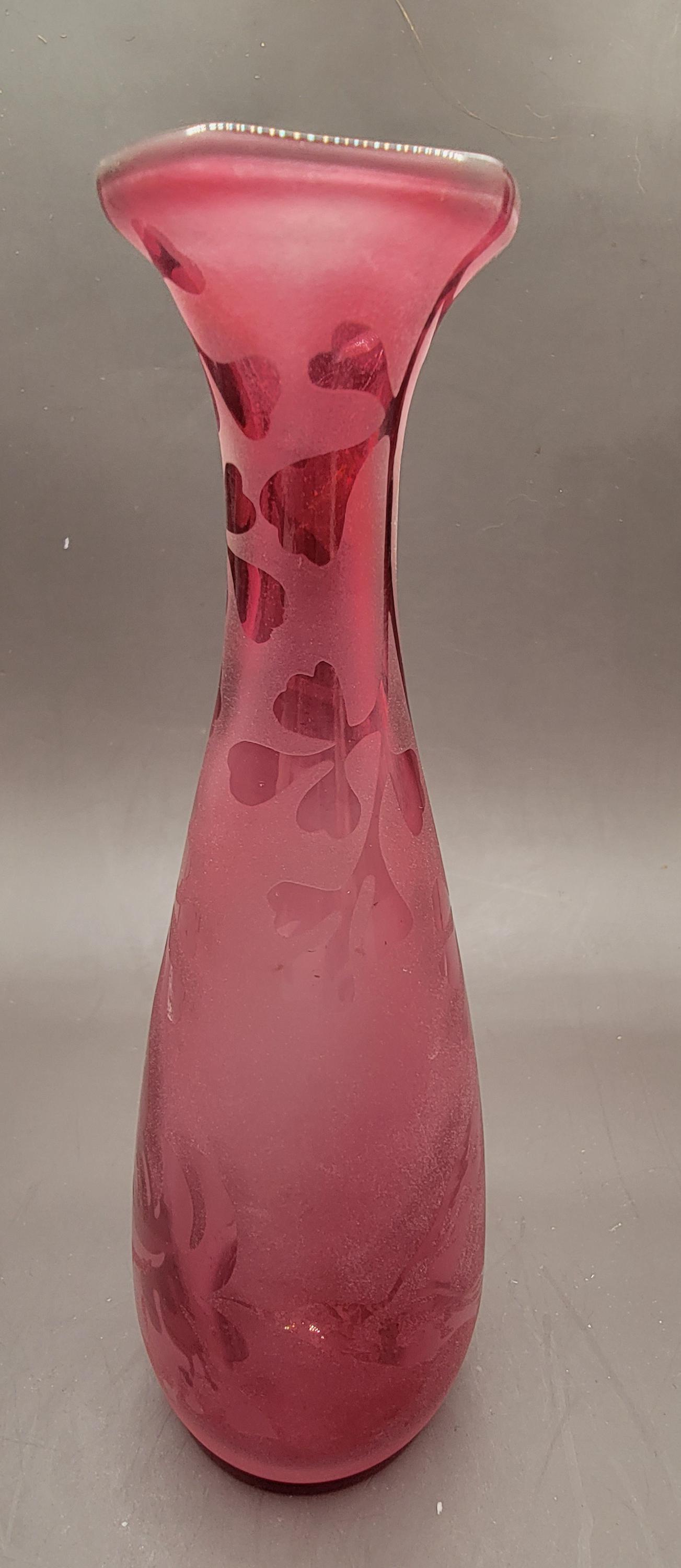 Vintage Etched Bright Pink Glass Vase - Etsy