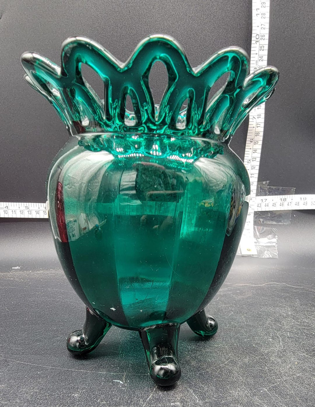 Vintage Imperial Glass Stiegel Green Lace Edge Four Toed Vase or Bowl ...
