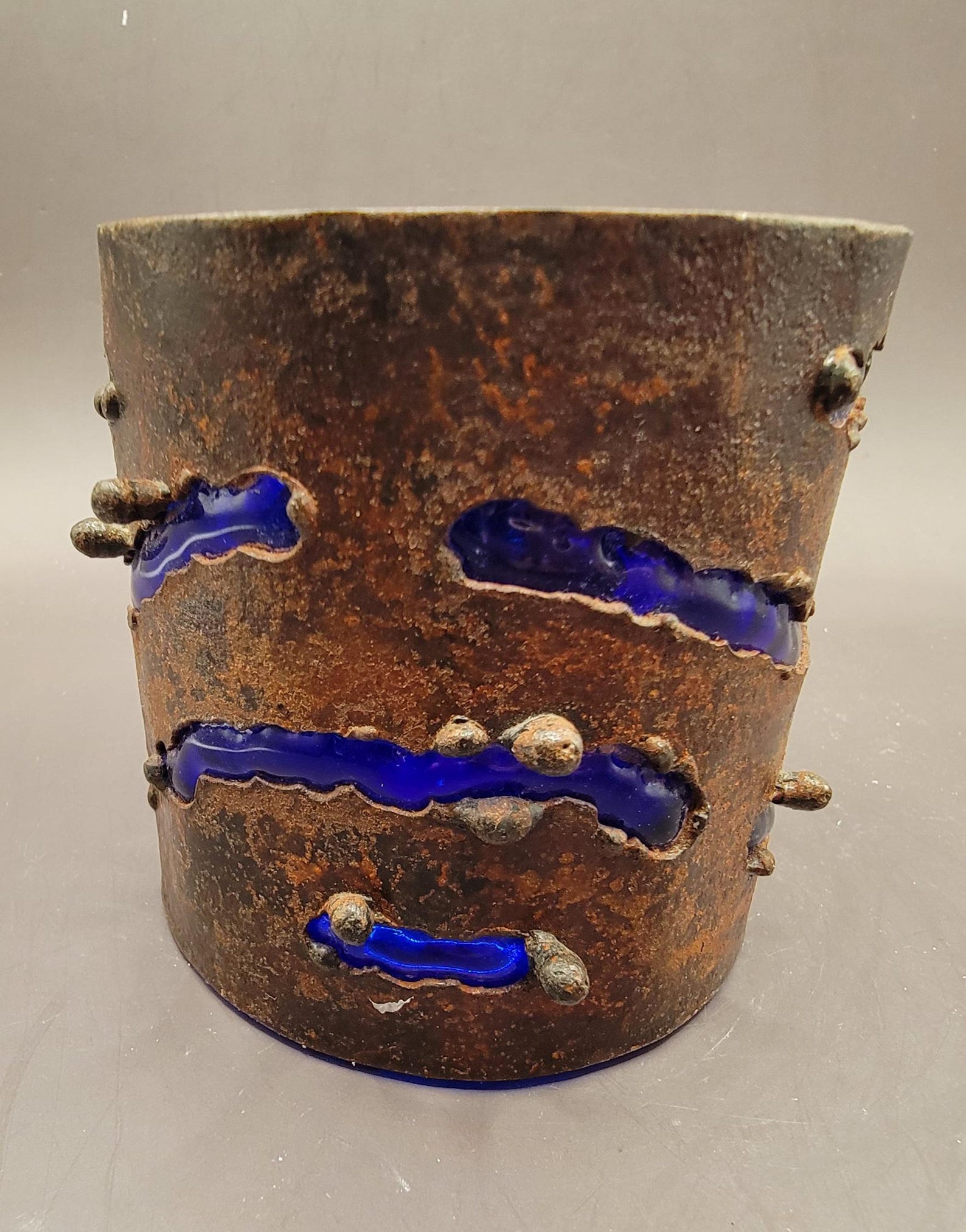 Vintage Brutalist Cobalt Blue Gold Metal Cup or Candle Holder - 5" Made ...