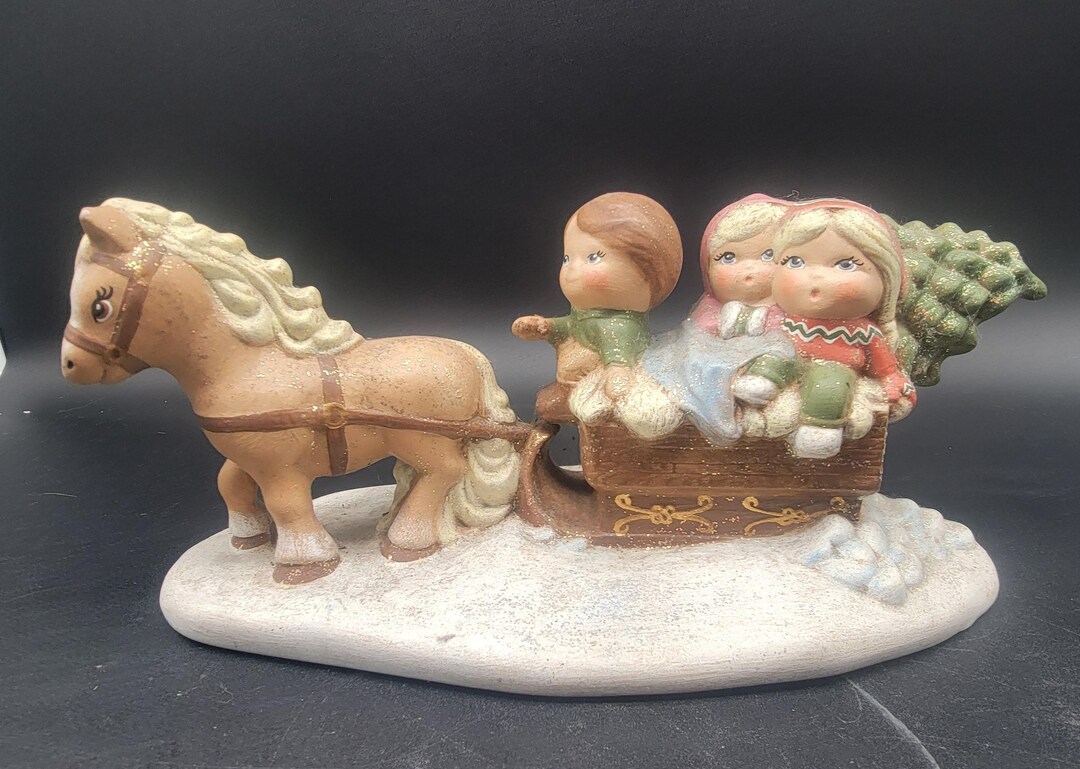 Vintage Horse Pulling A Buggy Full of Children Ceramic Pottery Figurine ...