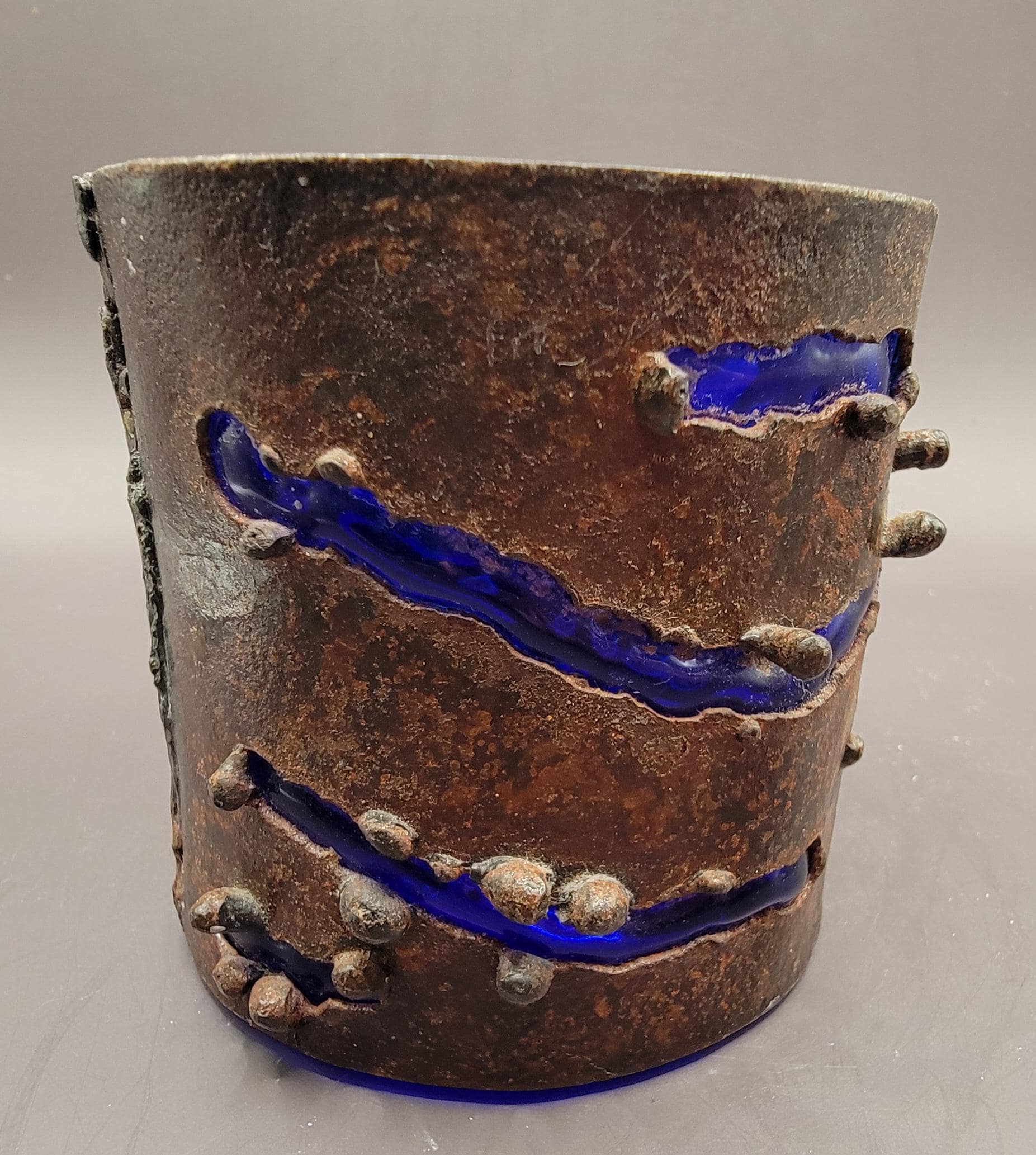 Vintage Brutalist Cobalt Blue Gold Metal Cup or Candle Holder - 5" Made ...