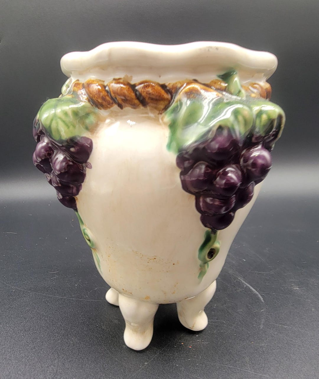 Vintage Grapes Floral and Cream Ivory Ceramic Planter Footed Base - 8 ...