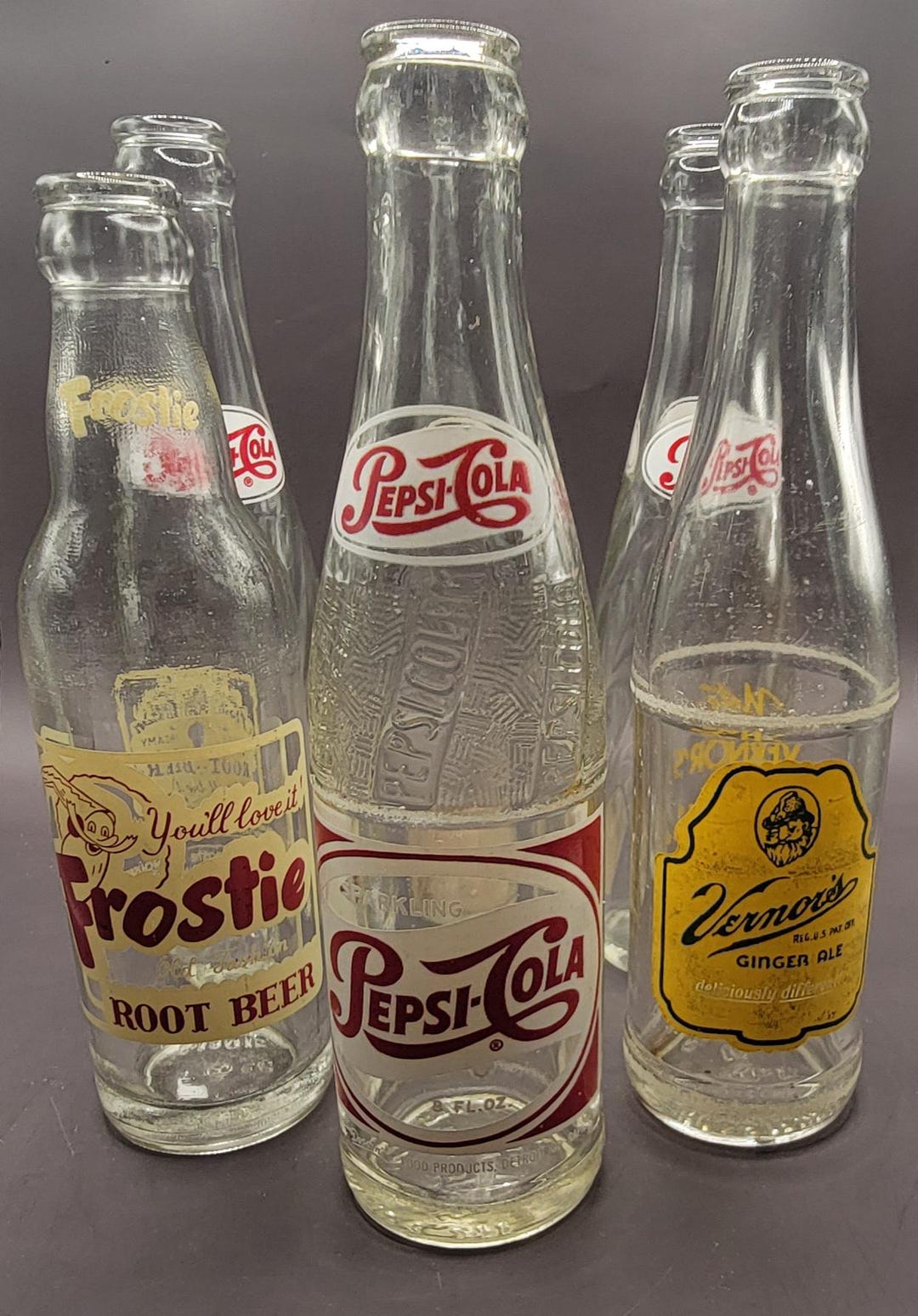 Set of 6 Glass Soda Bottles From the 1940s - 1950s - Frostie, Pepsi ...