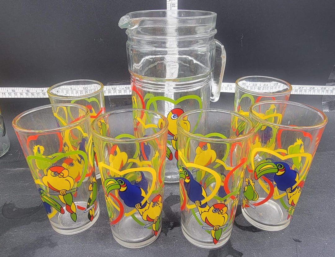 Vintage Italian Glass by Cerve Colorful Toucan Glass Pitcher and Six ...