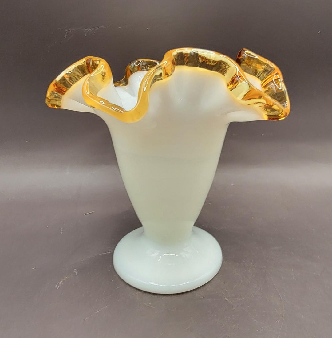 Vintage Fenton White Milk Glass Amber Crest Ruffled Edge Vase 4 - Etsy