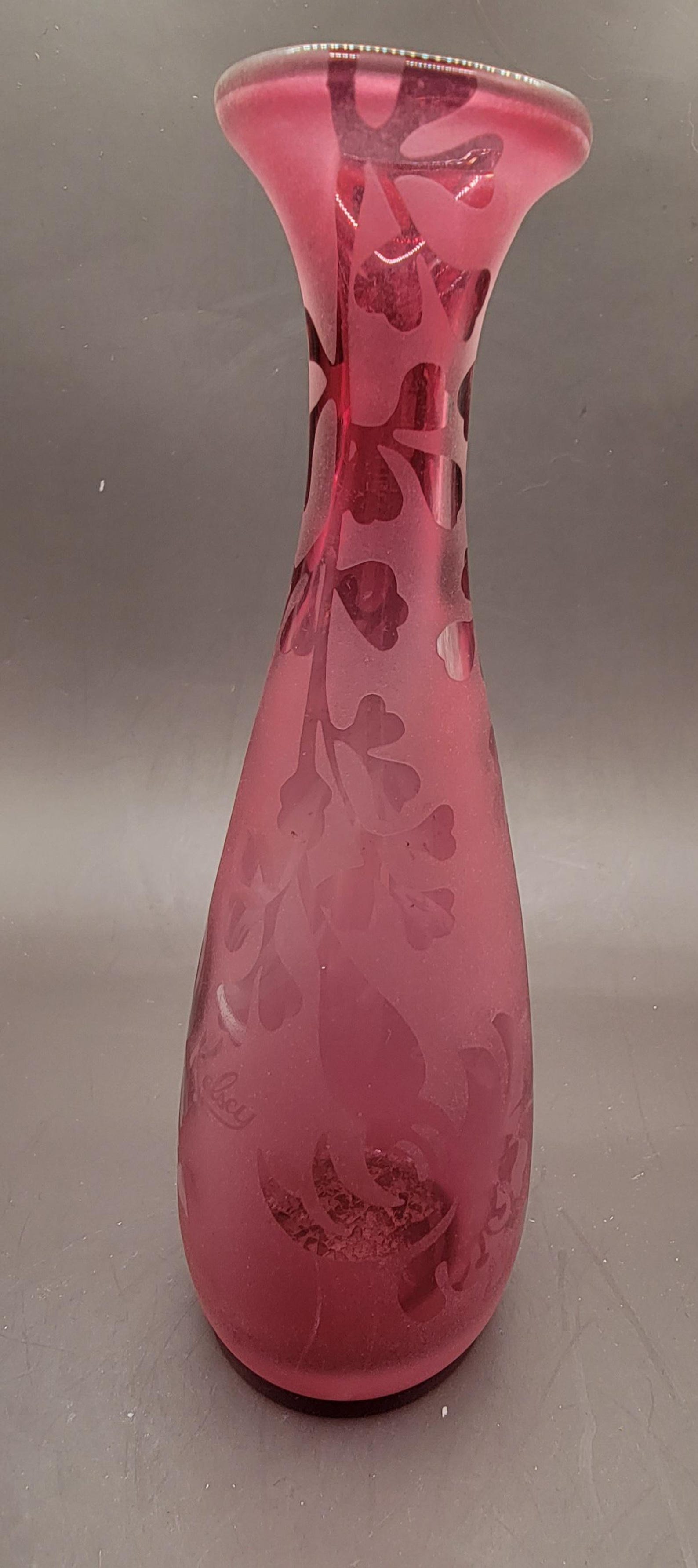 Vintage Etched Bright Pink Glass Vase - Etsy