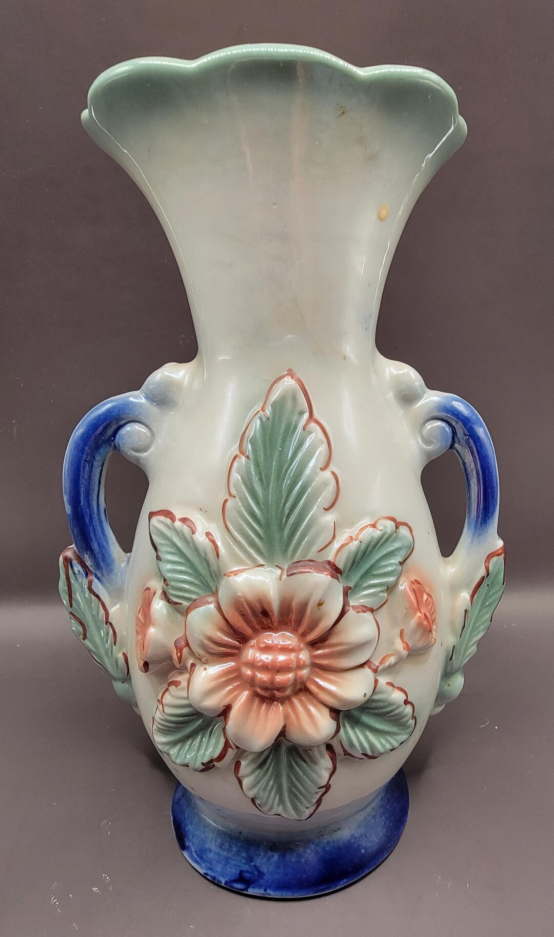 Vintage Brazilian Ceramic Flower Vase, Blue, Peach, and Green Glazed ...