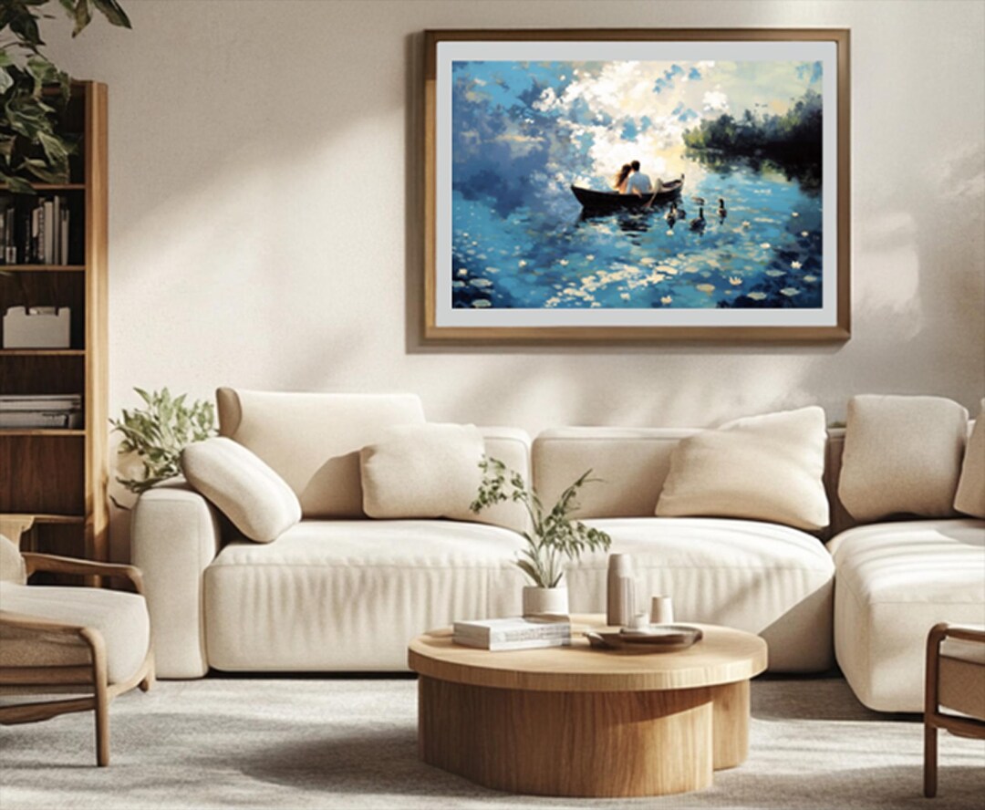 Canvas Print, Young Couple Romantic Lake Setting Surrounded by Nature ...