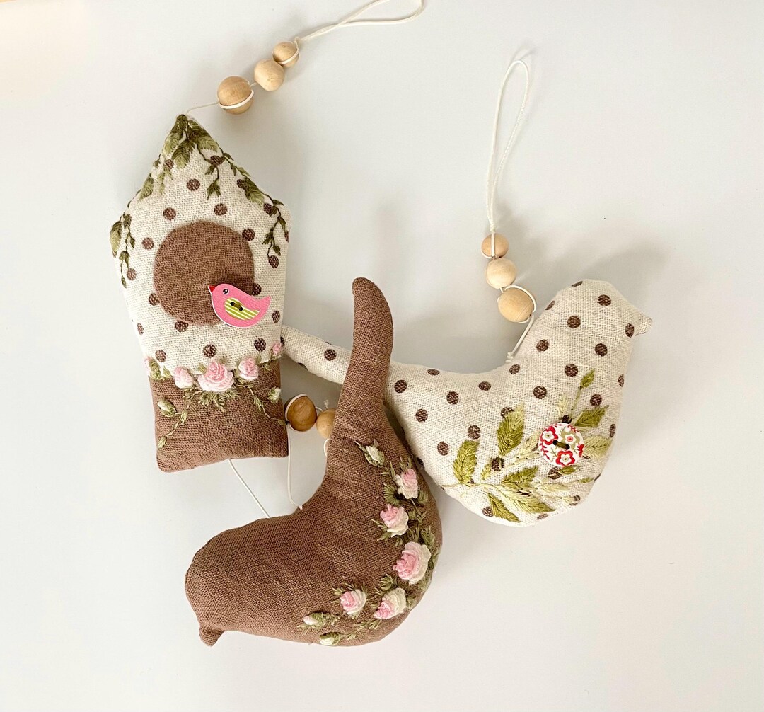 Linen Bird and House Ornament Set: Embroidered Nursery Mobile, Shabby ...