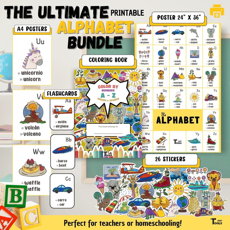 Alphabet Learning Bundle Bilingual Englishpanish Printable 26 Stickers ...