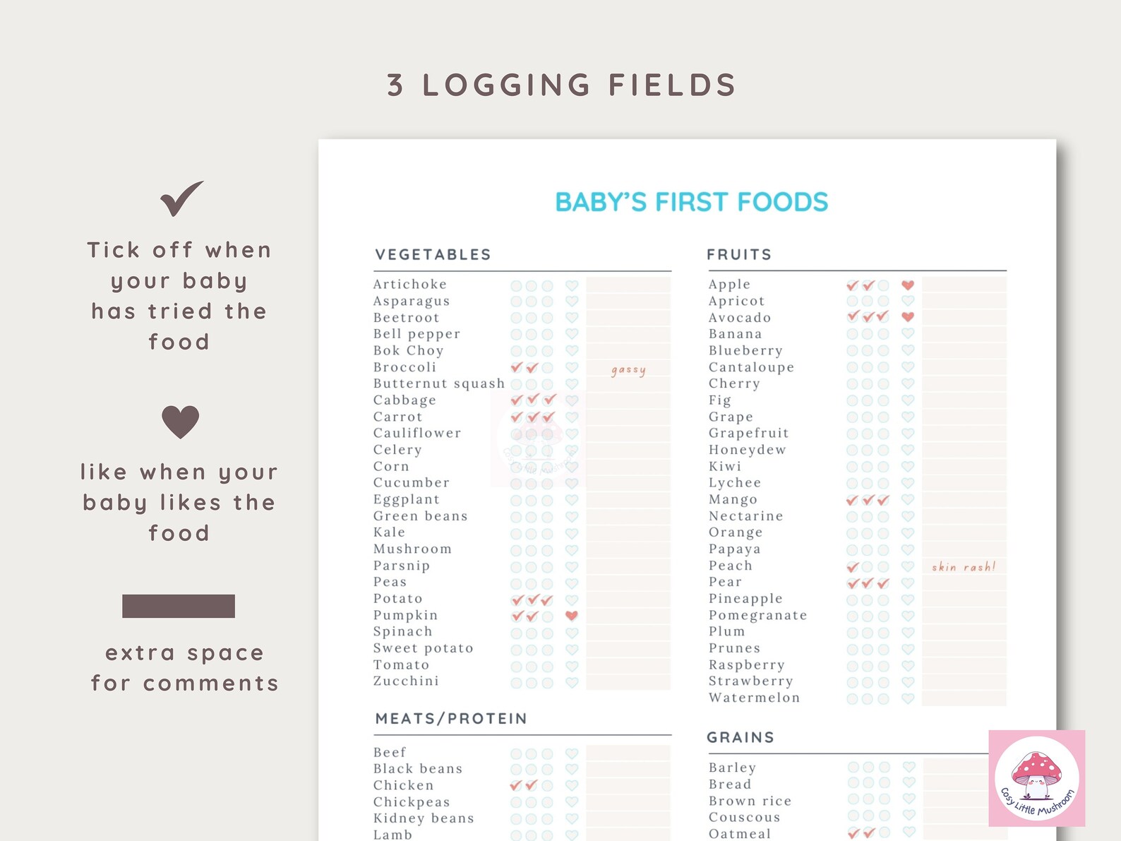 Checklist for Baby's First Foods, Food Log for Baby Led Weaning, Solid ...