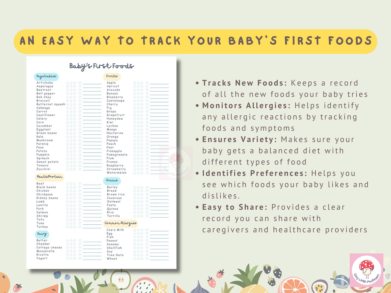 Checklist for Baby's First Foods, Food Log for Baby Led Weaning, Solid ...