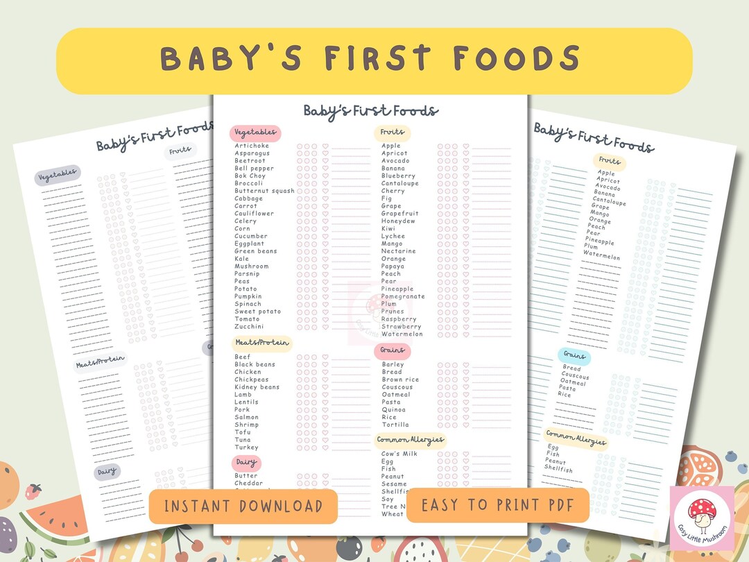 Checklist for Baby's First Foods, Food Log for Baby Led Weaning, Solid ...