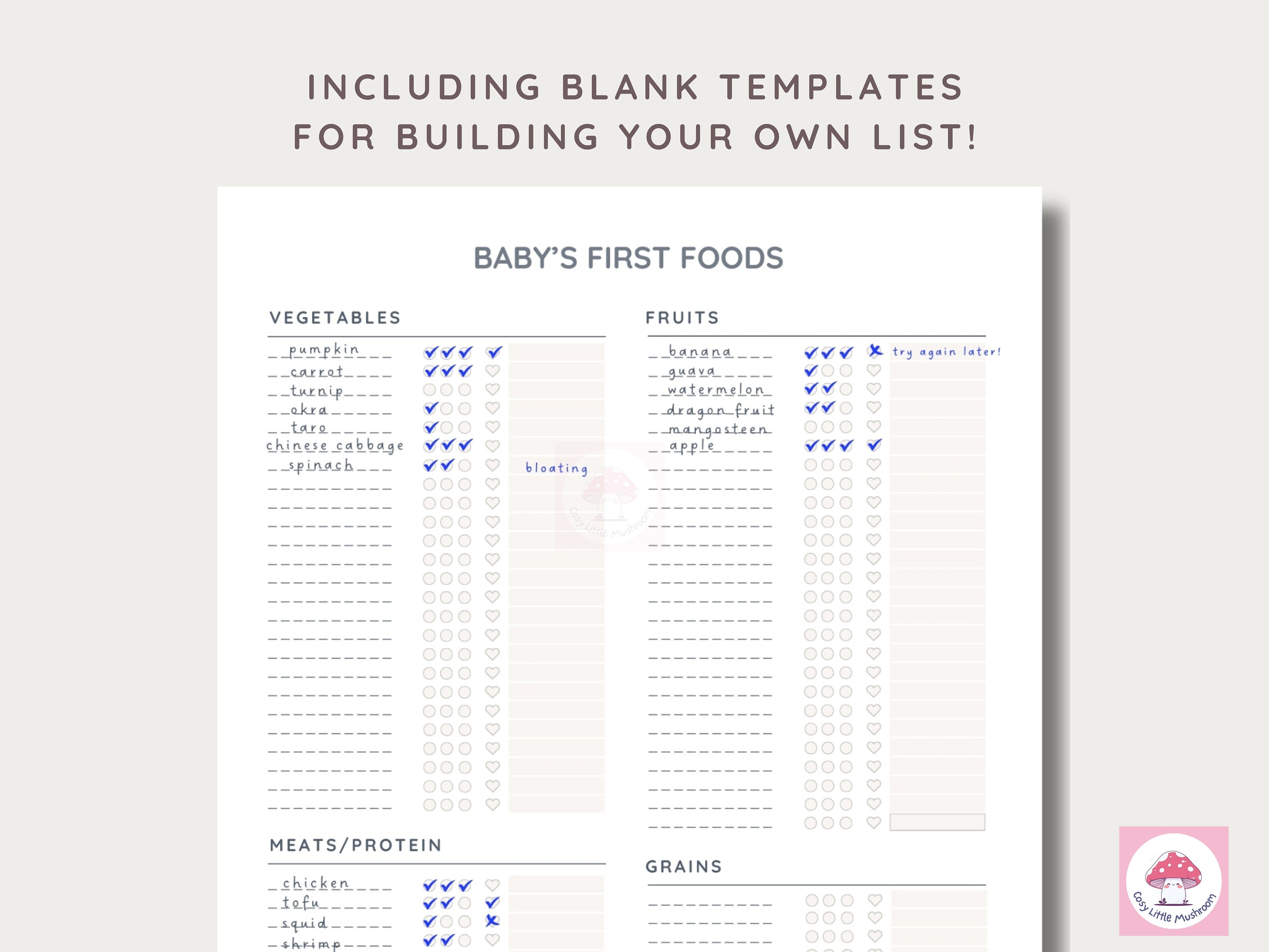 Checklist for Baby's First Foods, Food Log for Baby Led Weaning, Solid ...