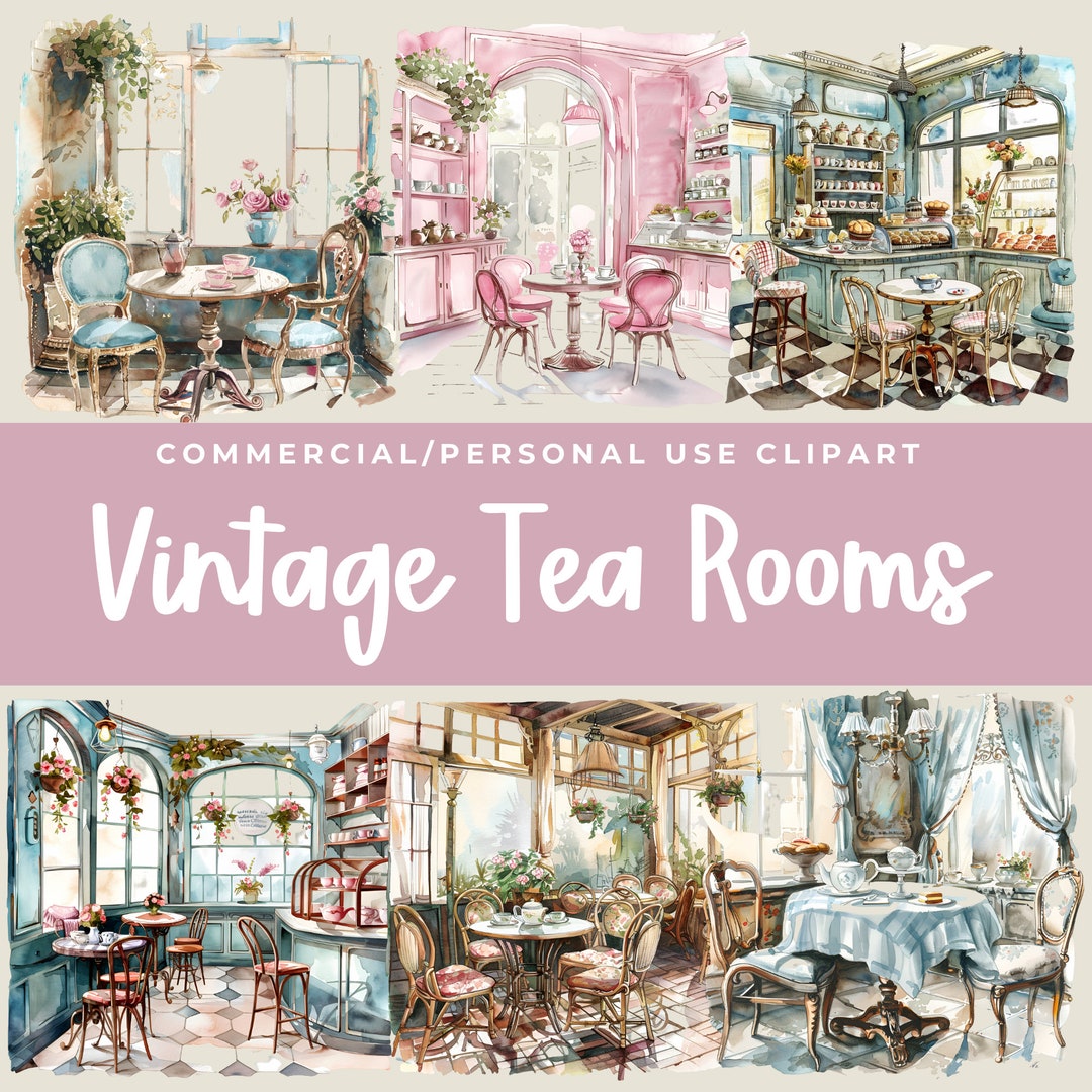 Vintage Tearooms Watercolor Clipart, Retro Tea Rooms Clip Art ...