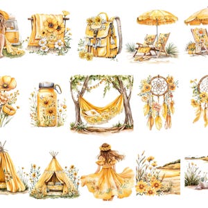 Boho Summer Camping Clipart Floral Yellow Camp Graphics Women Yellow ...