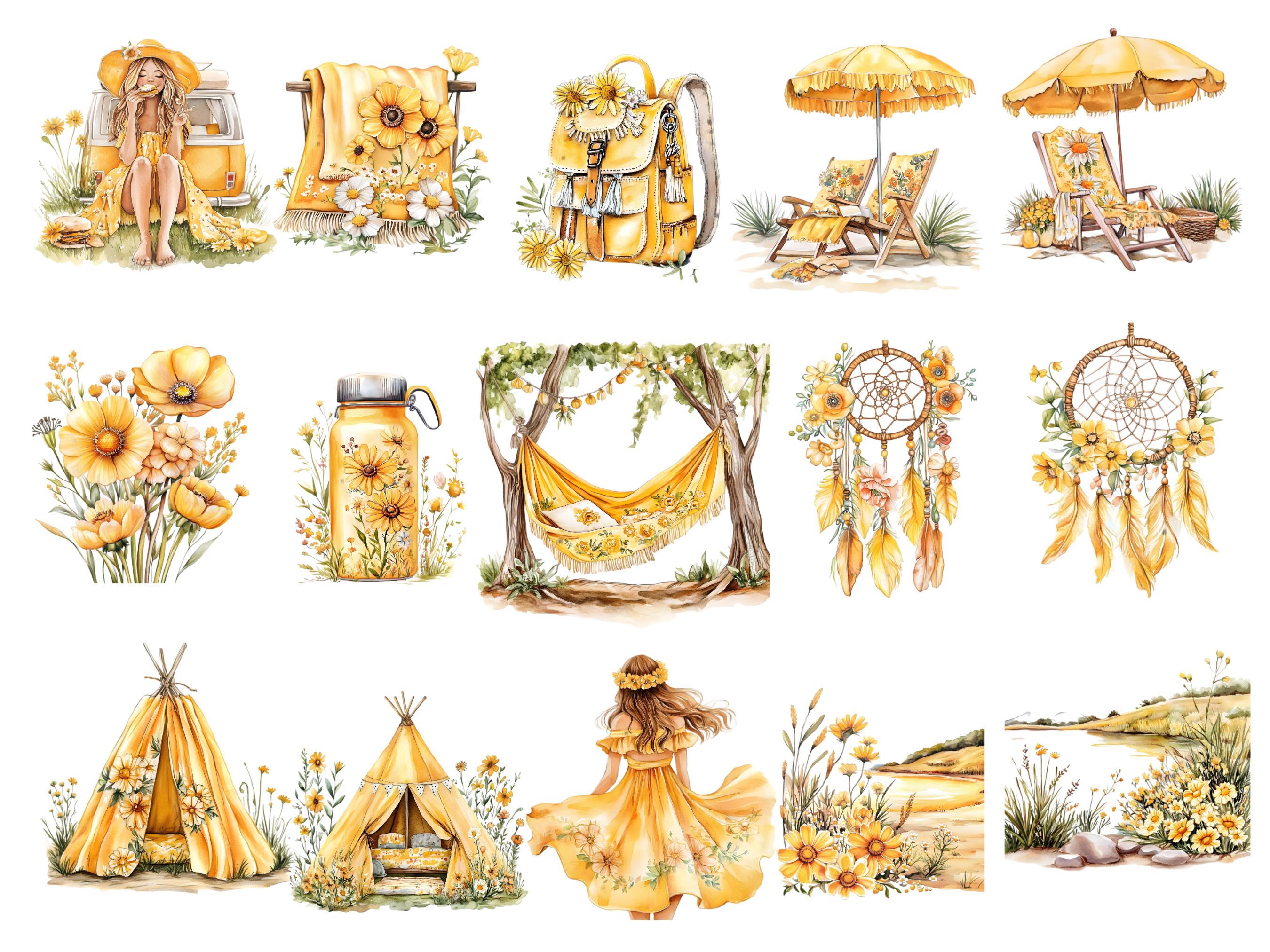 Boho Summer Camping Clipart: Yellow Floral Graphics (commercial Use) - Etsy