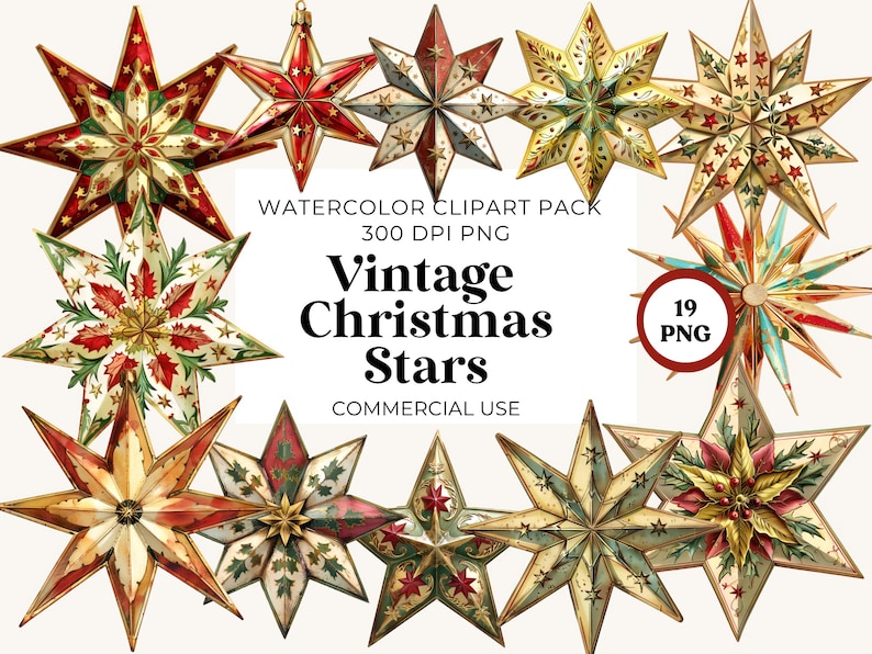 Vintage Christmas Stars Clipart: Holiday Card Illustrations (digital ...