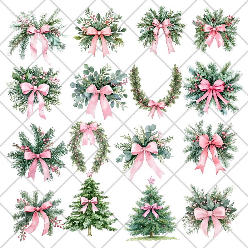 Watercolor Christmas Clipart: Greenery, Pink Bows (PNG, PDF Download ...