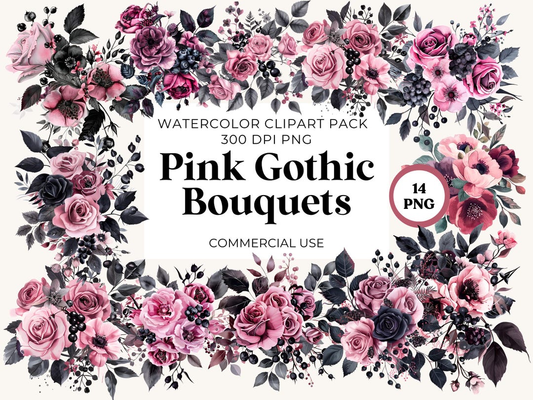 Pink Gothic Flower Bouquet Clipart: Halloween Wedding Graphics (digital ...