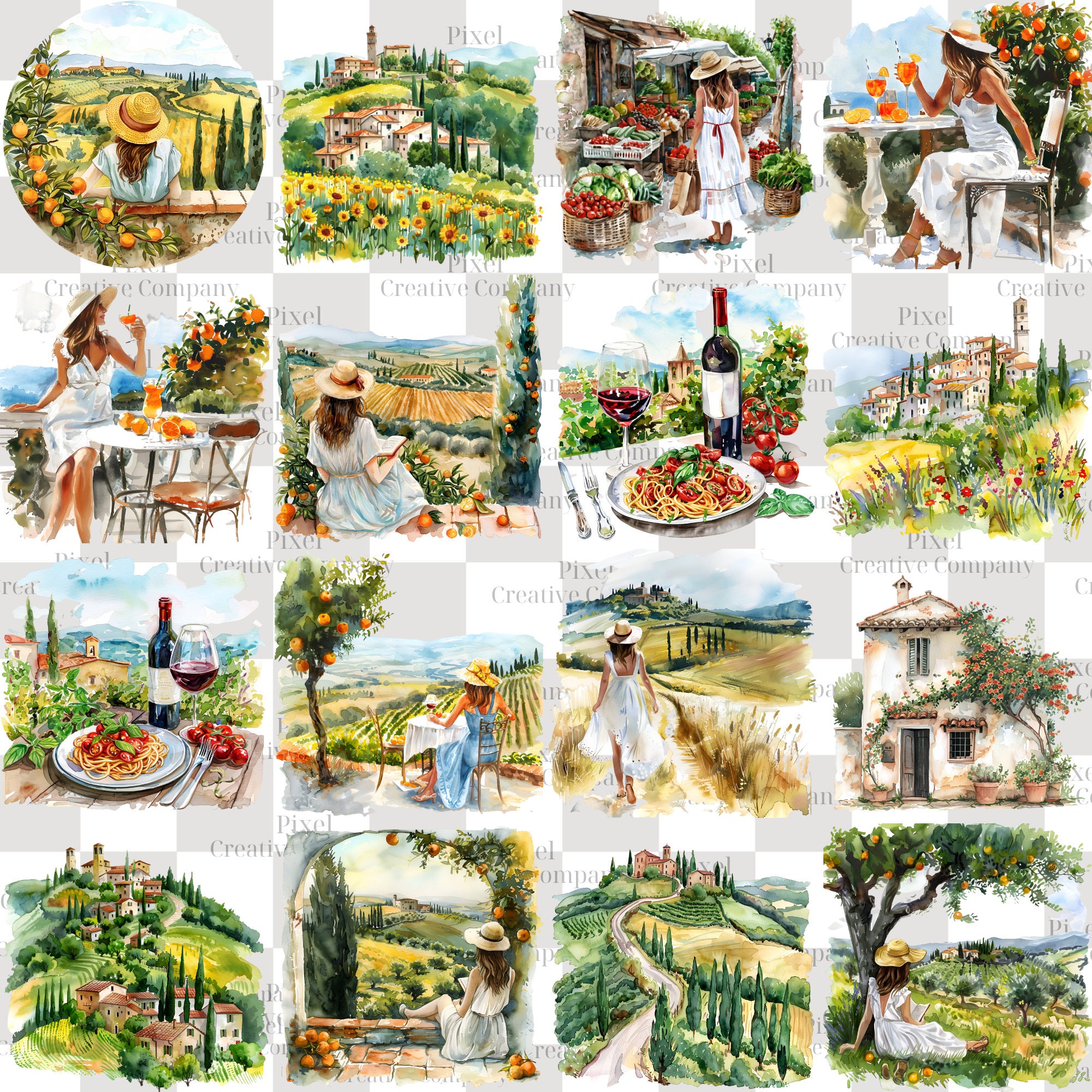 Tuscan Summer Watercolor Clipart, Tuscany Clipart, Tuscany Illustrations, Tuscany Graphics ...
