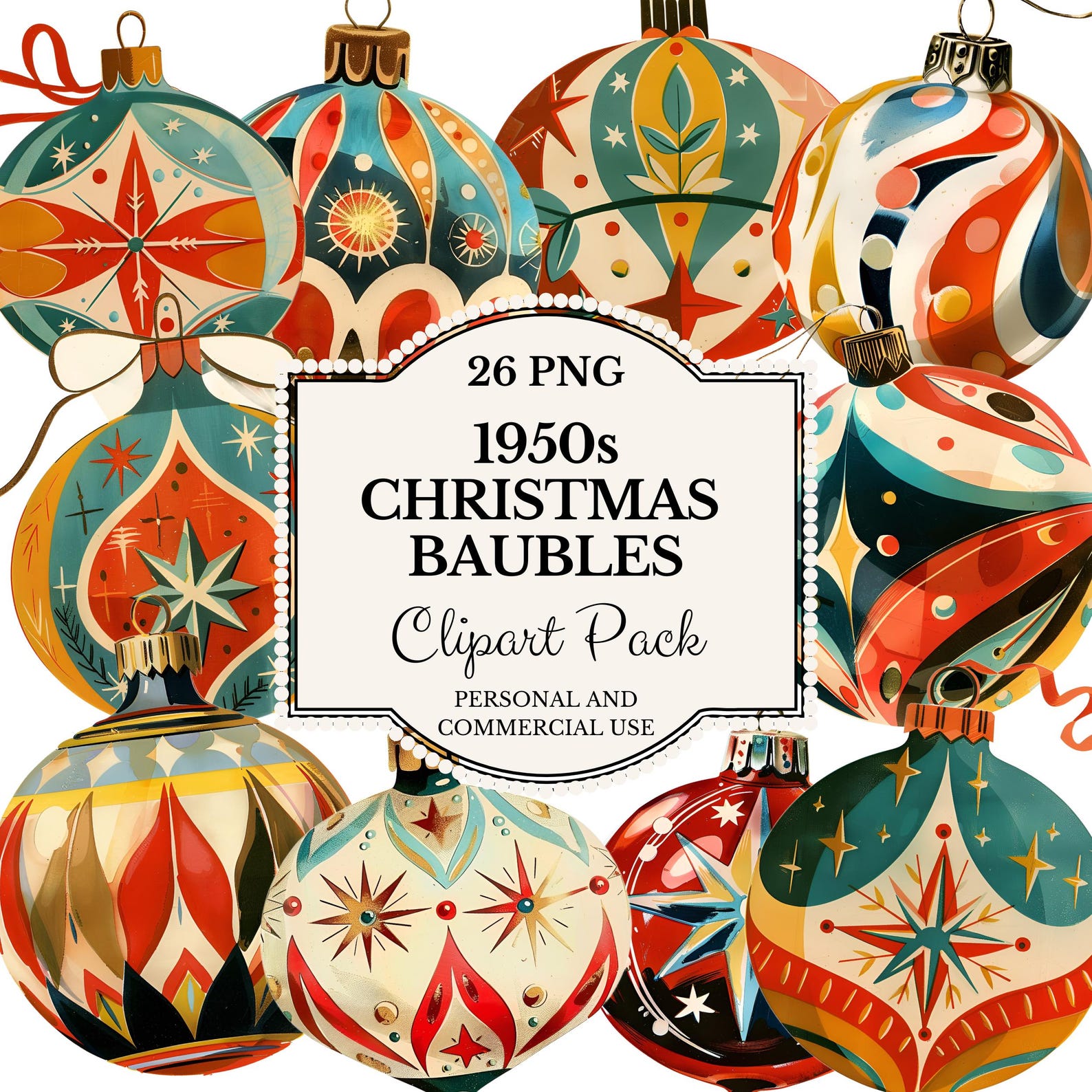 Retro 1950s Christmas Baubles Clipart Vintage Tree Decor Illustrations ...