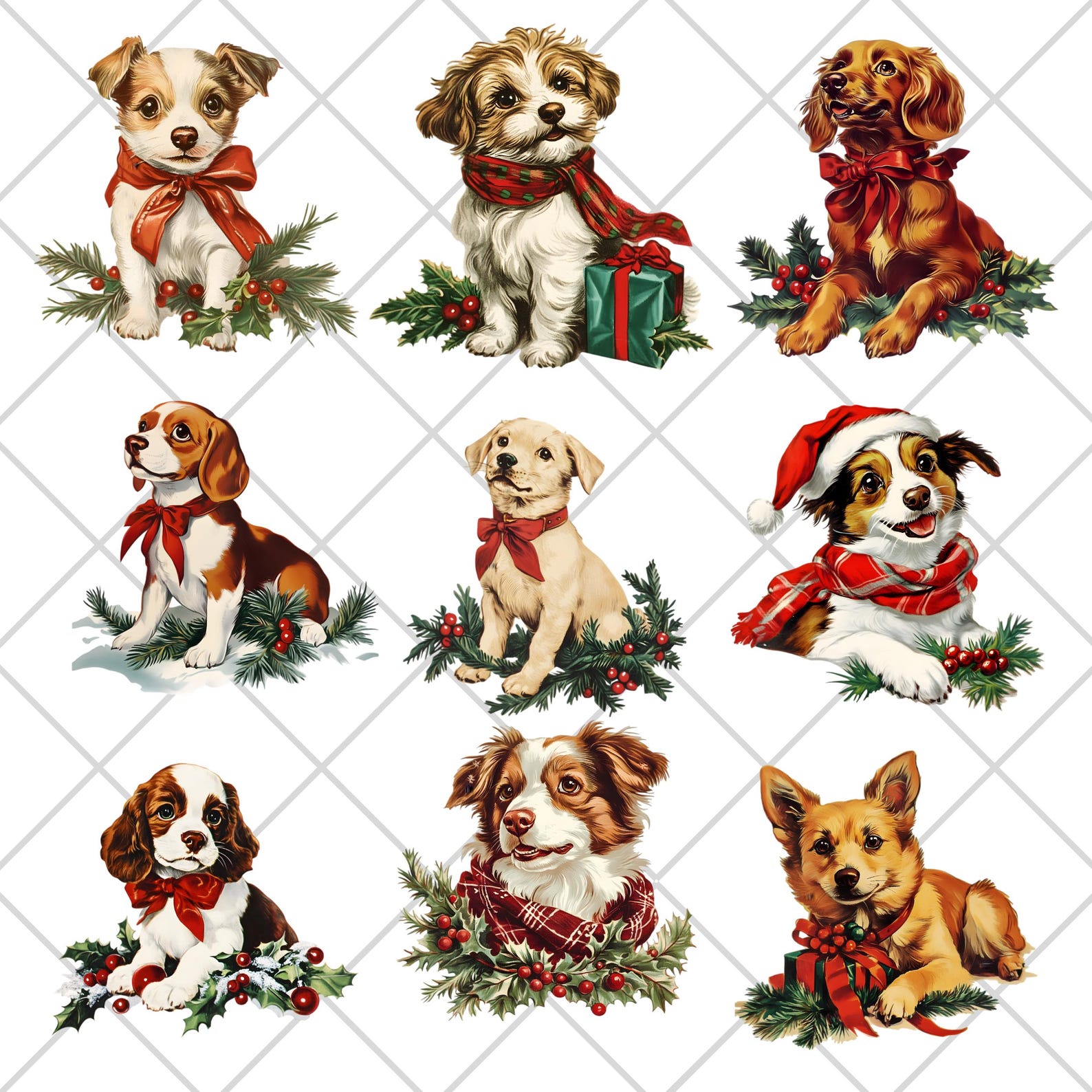 Vintage Christmas Dogs Clipart Retro Christmas Dog Breeds Graphic ...