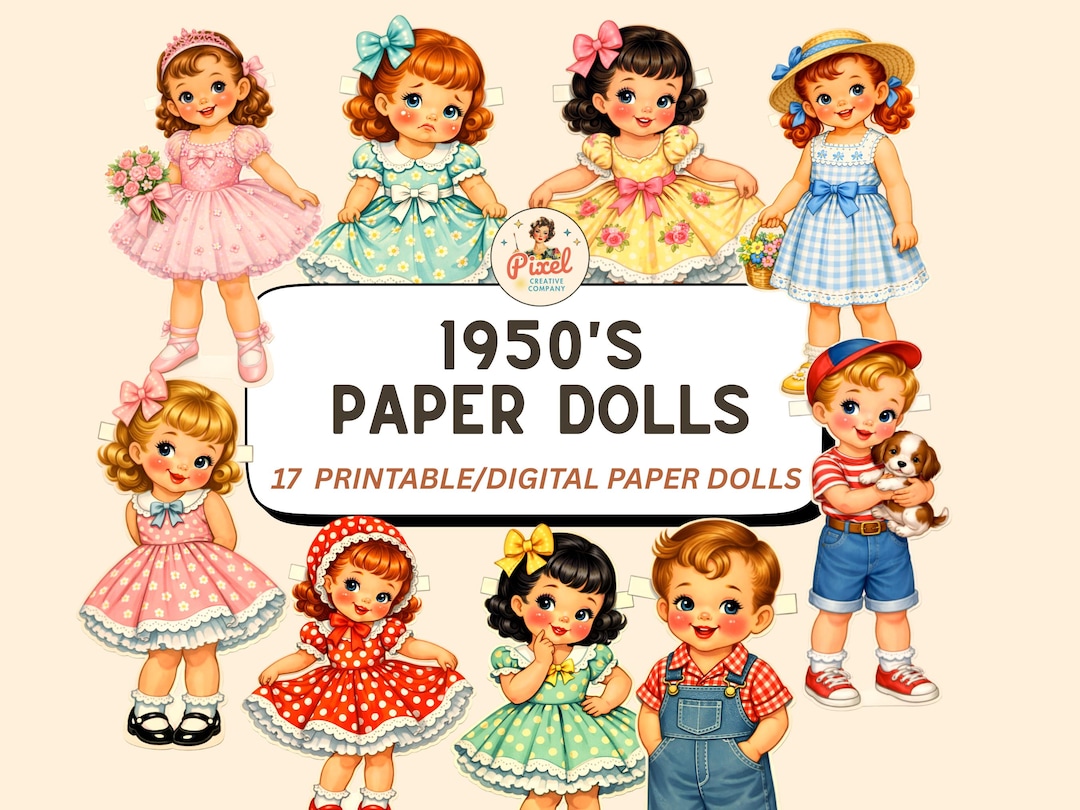Paper Dolls Printable Vintage 1950s Style | 17 Retro Characters for ...